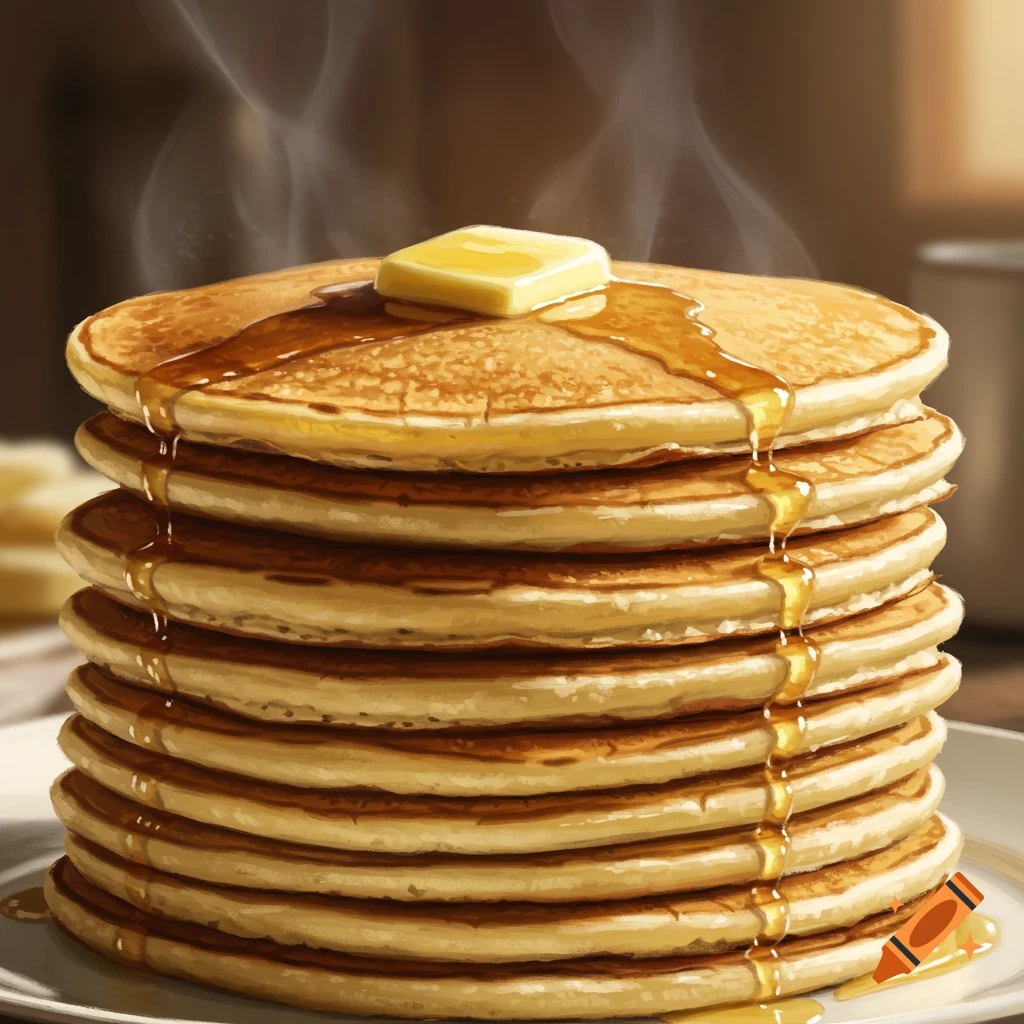 A steaming stack of pancakes with syrup and butter. on Craiyon