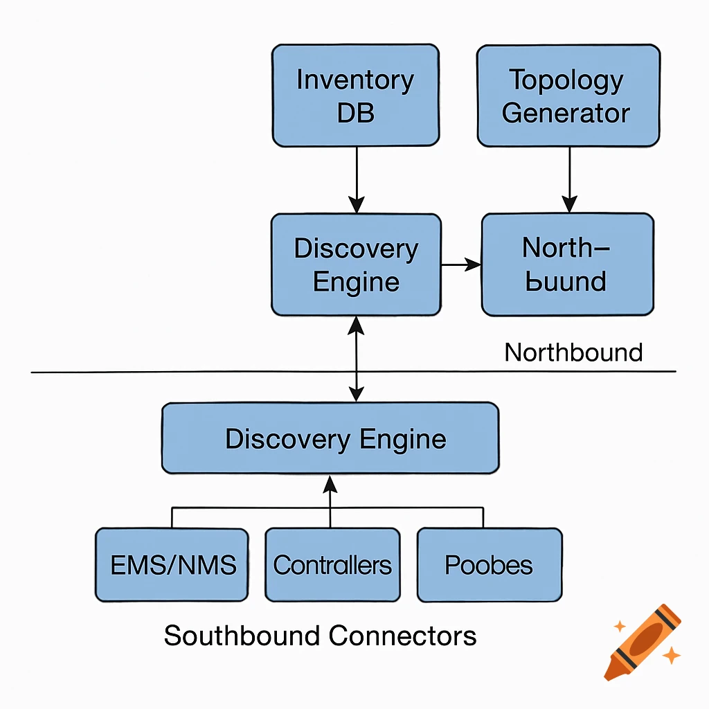 Technical architecture diagram with components like Discovery Engine ...