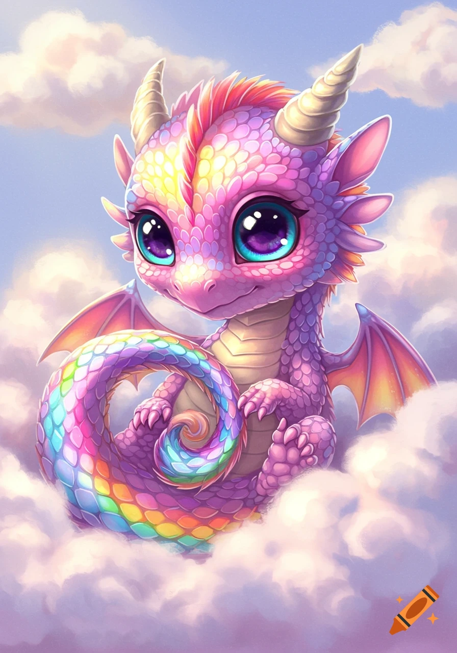 Cute pink baby dragon with big blue eyes and rainbow tail sits in ...