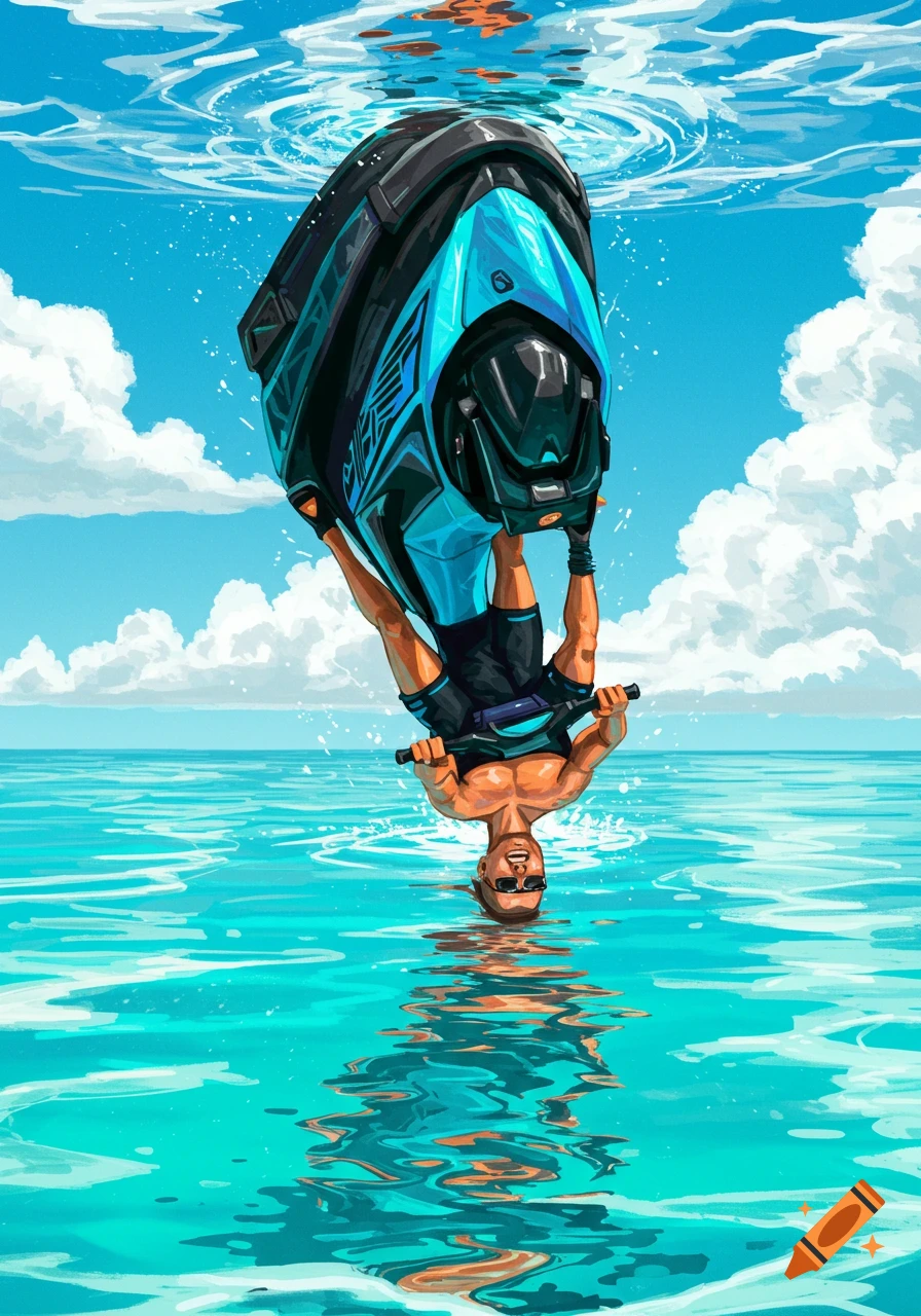 Illustrated man doing an upside down stunt on a jet ski in the ocean. on Craiyon