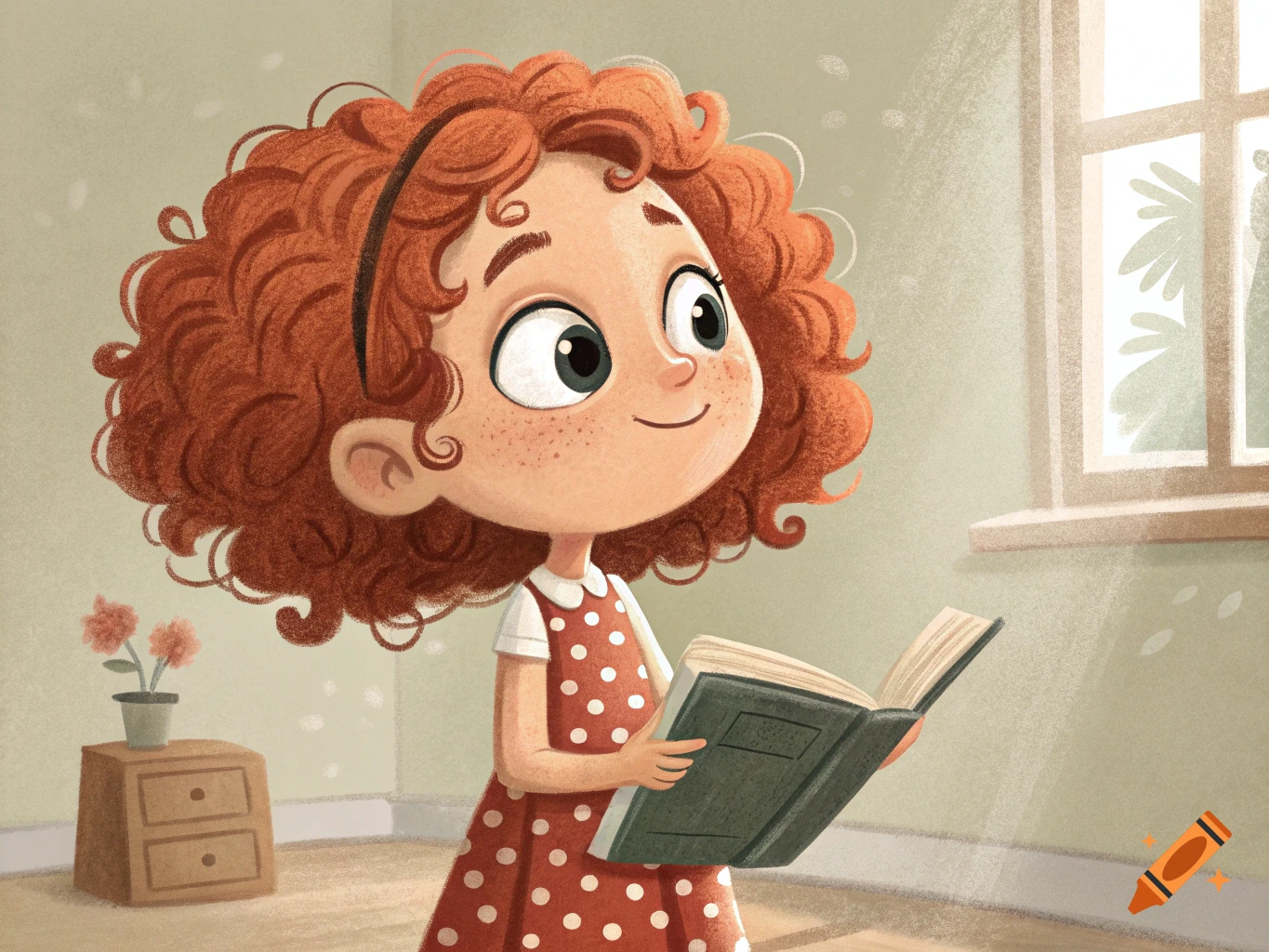 Illustration of a cute red-haired girl with freckles reading a book by ...