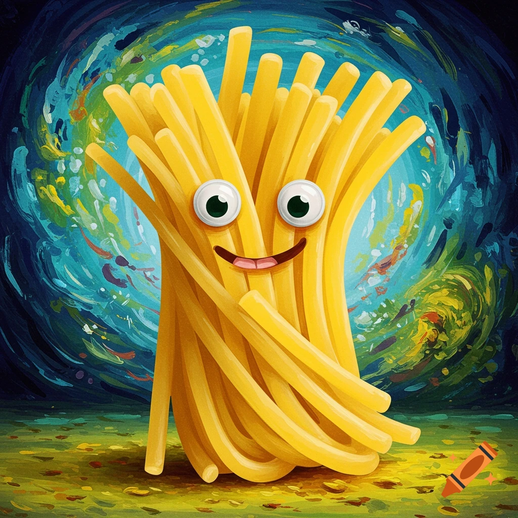 Smiling cartoon spaghetti character in a vibrant, artistic style ...