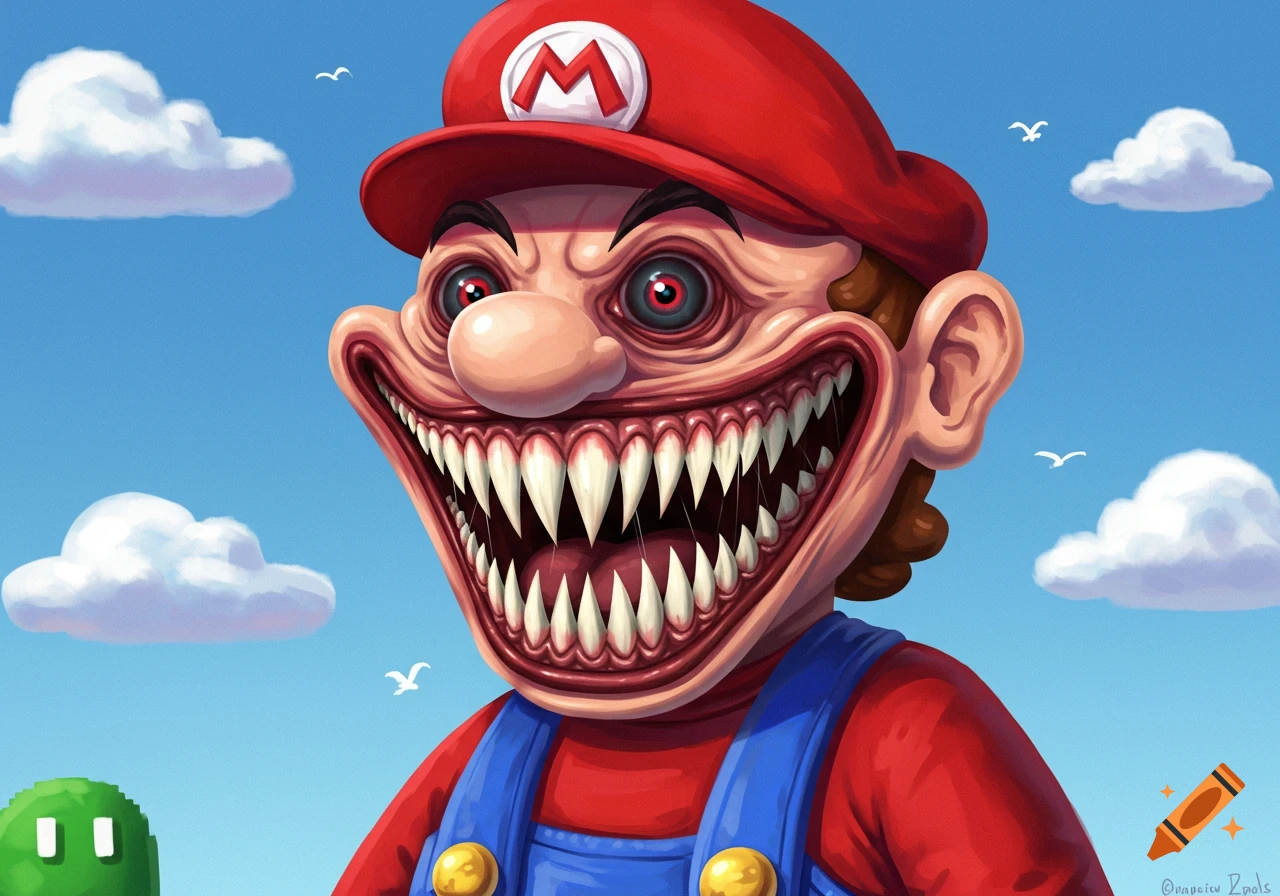 Grotesque Mario with sharp teeth against a Super Mario Bros background ...