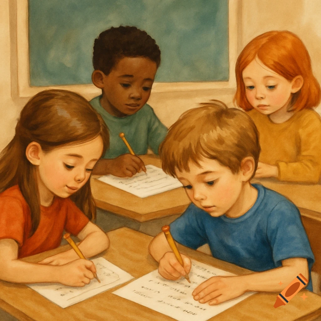 Illustration of children writing on papers at desks in a classroom. on ...