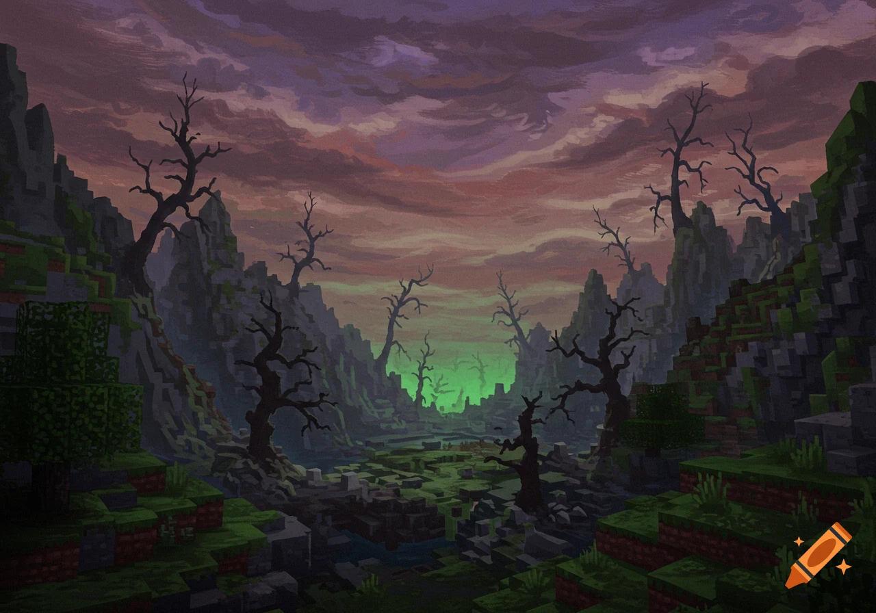 Pixelated eerie landscape scene with bare trees and green glow. on Craiyon