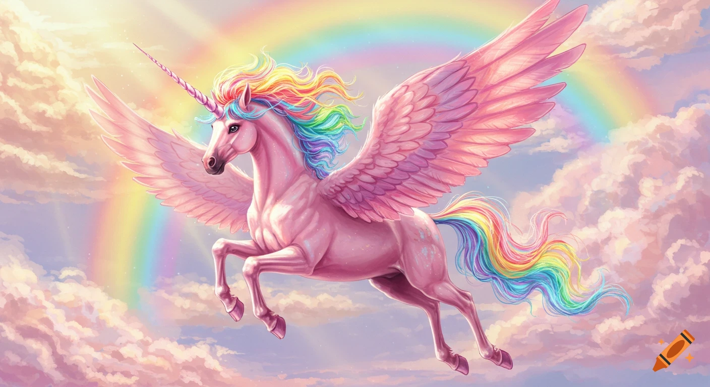A pink winged unicorn with a rainbow mane and tail flies through a cloud-filled sky with a ...