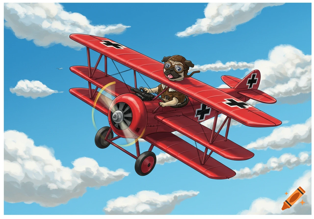 Cartoon illustration of a pug in a pilot's cap and goggles flying a red ...