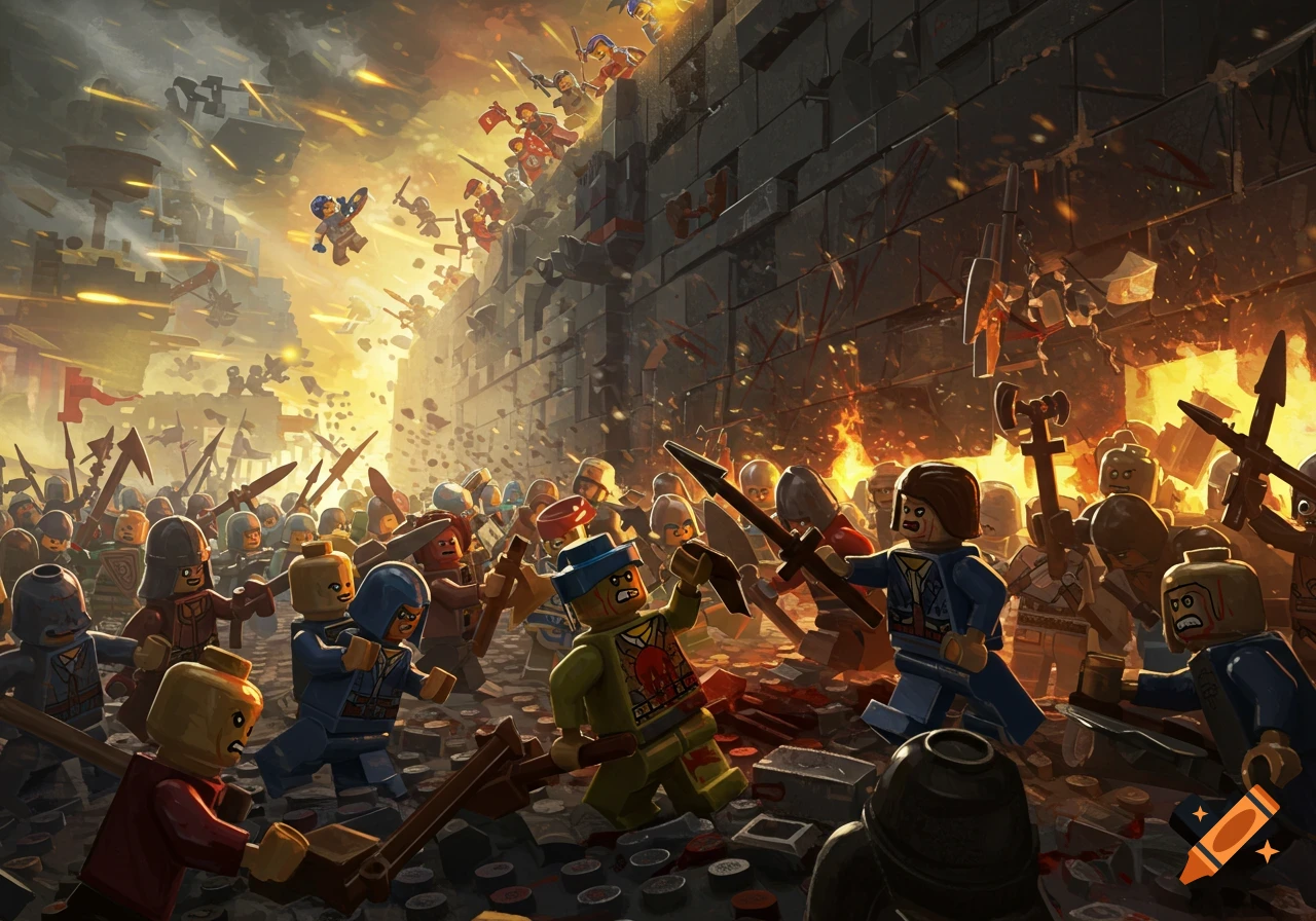 Dramatic scene of Lego soldiers attacking a castle wall in a fierce ...