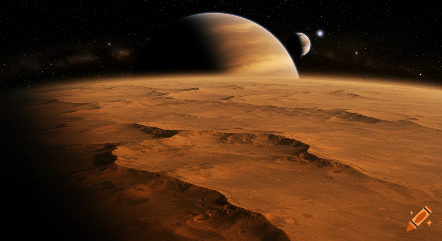 View of a barren sandy planet surface with a gas giant and moon in the ...