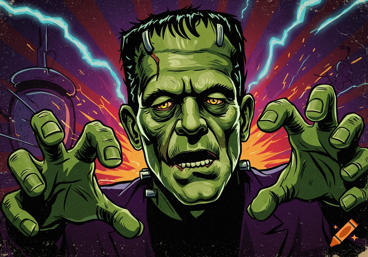 Close-up of Frankenstein's monster in a pulp art style, reaching ...