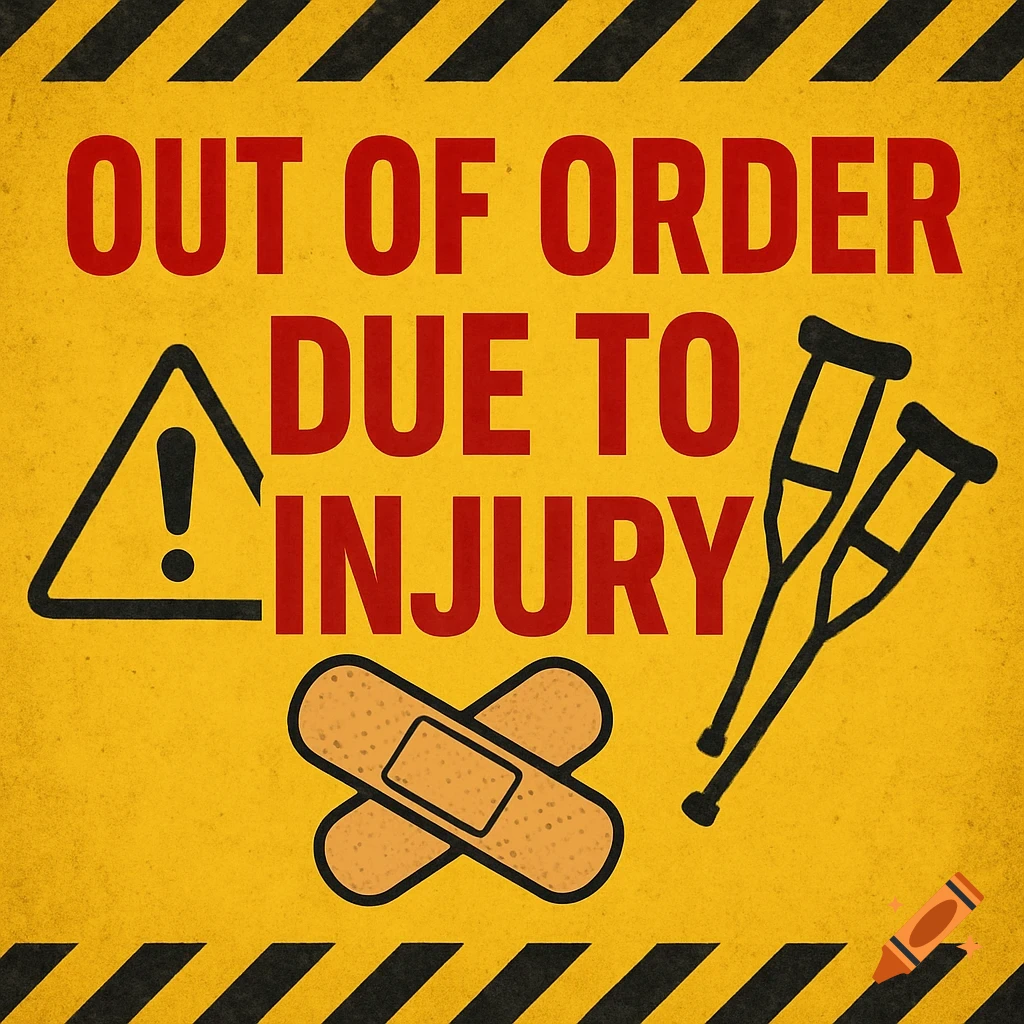 Yellow warning sign reads 'OUT OF ORDER DUE TO INJURY' with caution ...