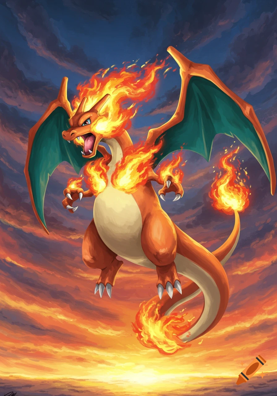 Charizard flying with wings spread against a fiery sunset sky. on Craiyon