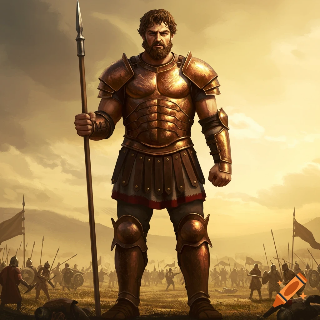 Large warrior in bronze armor holds a spear on a battlefield with fighting figures in the ...