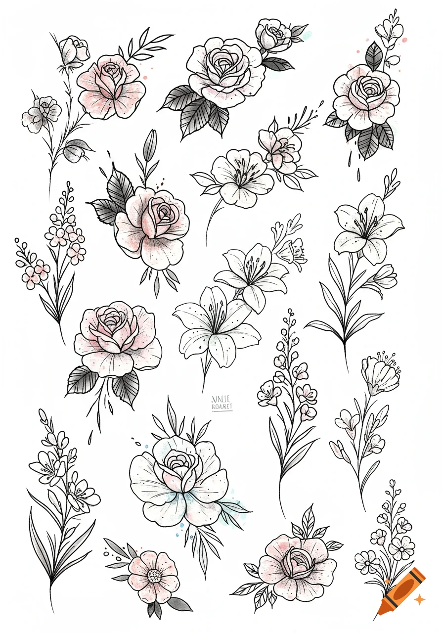 Fineline flower tattoo flash sheet with various blossoms and leaves. on ...