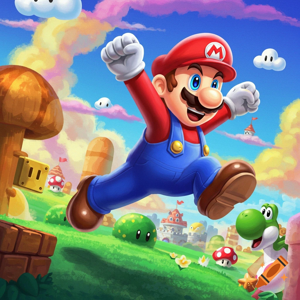 Mario jumping in a vibrant Super Mario world with Yoshi, mushrooms ...