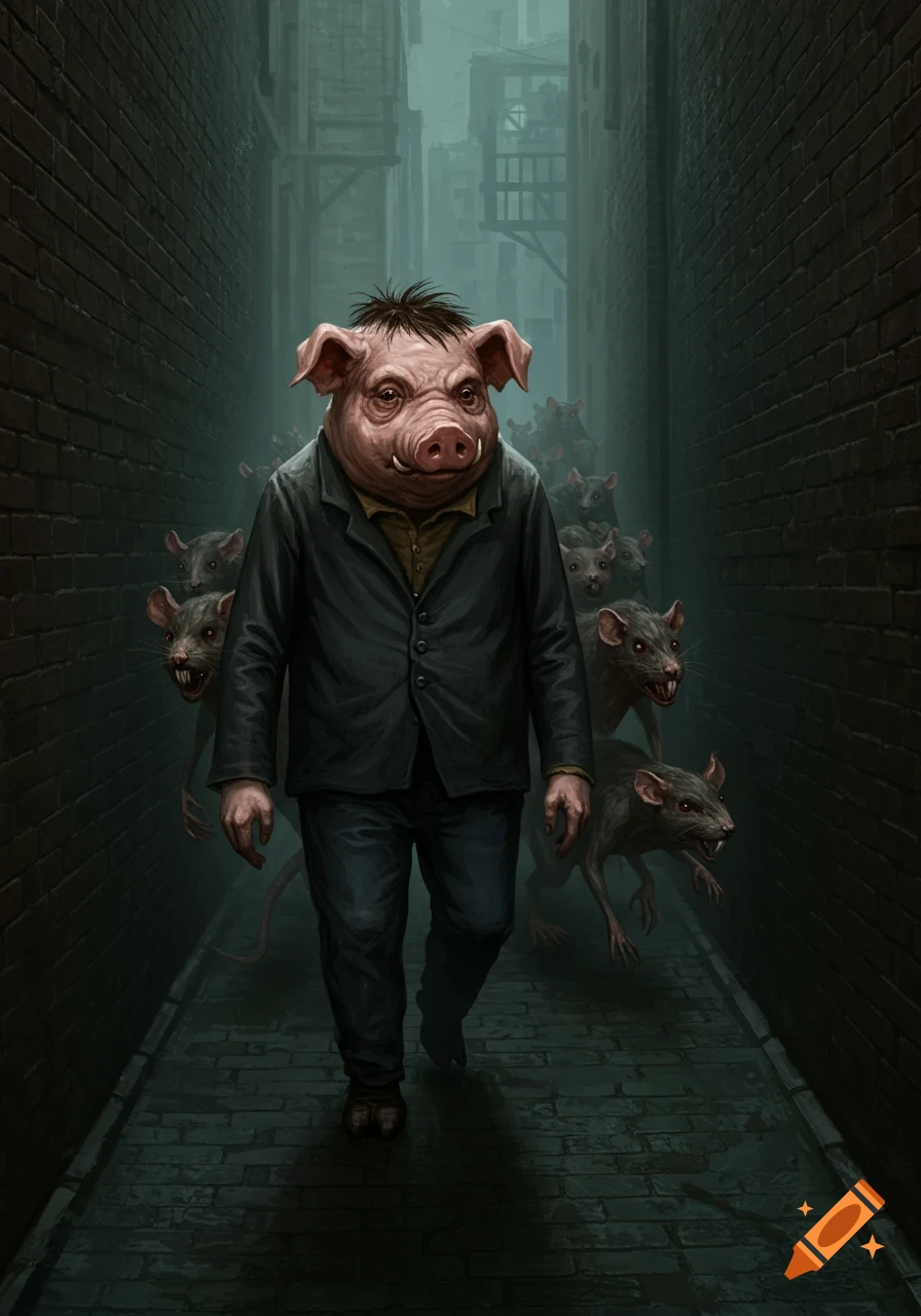 A pig-like creature in a dark suit walks down a dark alleyway followed ...