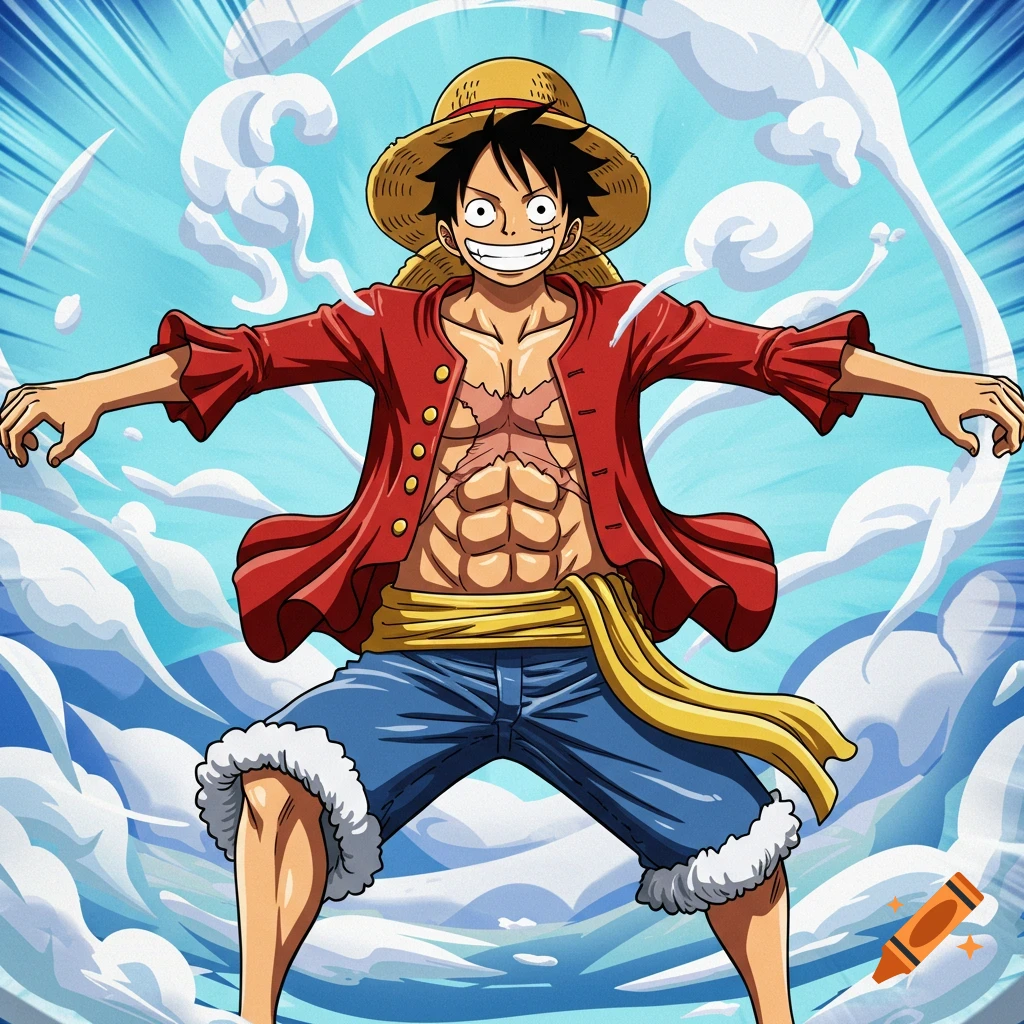 Anime character Luffy from One Piece T-posing against a sky background ...