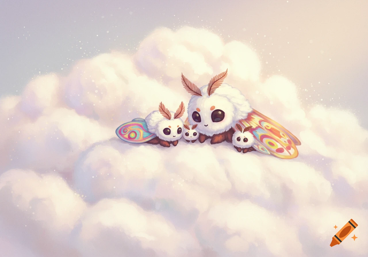 A cute fluffy moth family sits together on a big fluffy cloud ...