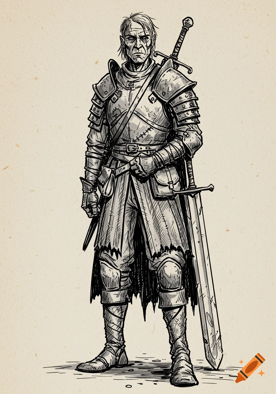 Black and white sketch of a veteran adventurer in armor with swords. on ...