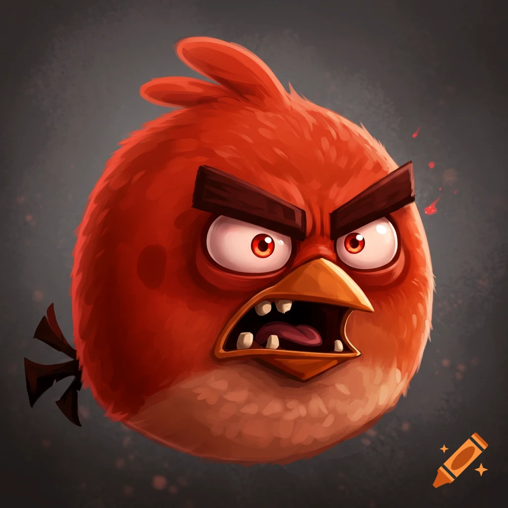 Close-up illustration of a very angry red bird with bushy eyebrows and ...