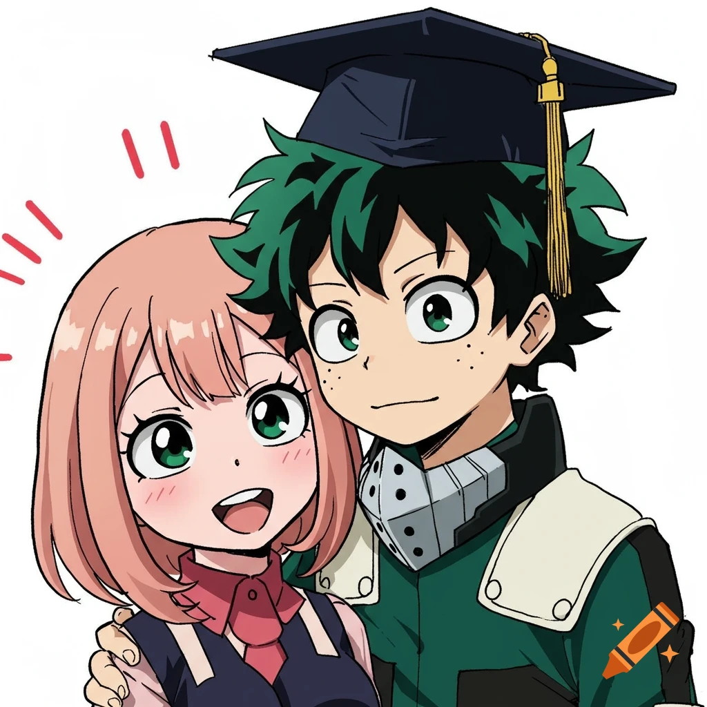 Anime illustration of Deku in a graduation cap standing with Uraraka ...
