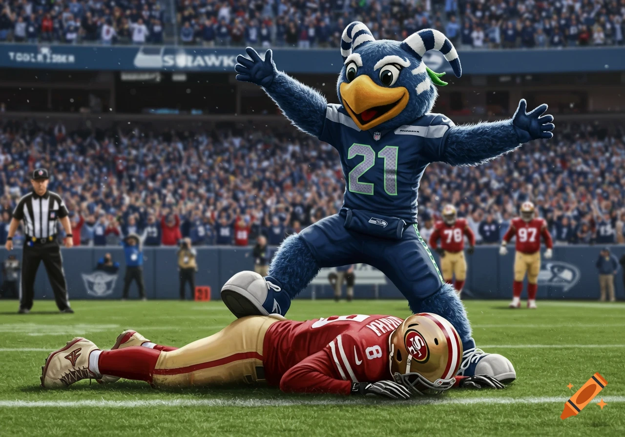 A large blue bird mascot stands on a fallen football player in a red ...