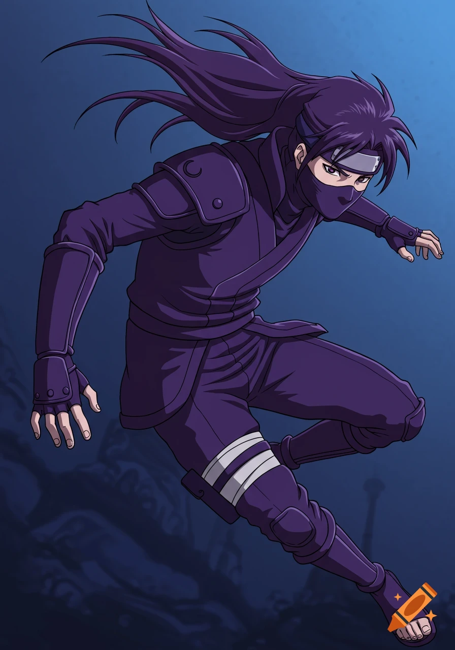 Anime illustration of a purple-clad ninja with long dark hair jumping ...