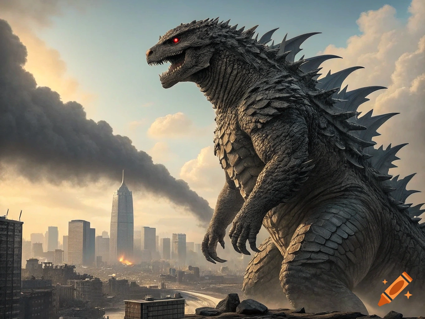 Giant monster overlooking a destroyed city under a cloudy sky. on Craiyon