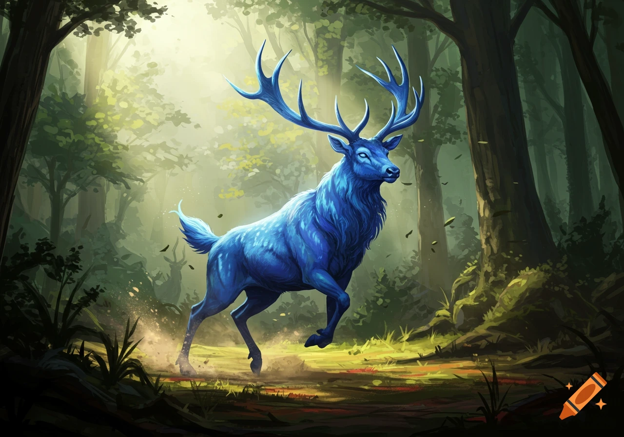 A blue stag with large antlers gallops through a sunlit forest. on Craiyon