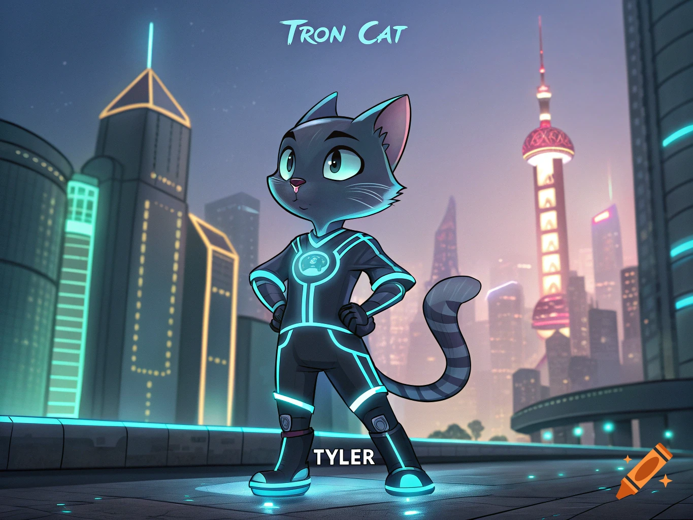 Cartoon cat in a Tron suit stands in a futuristic city. on Craiyon