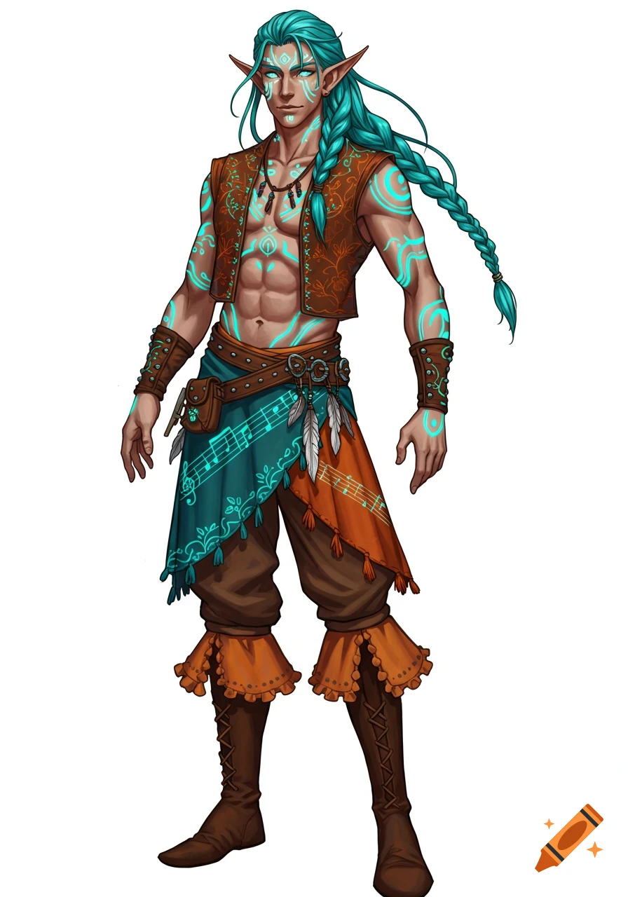 Fantasy illustration of a male elf with teal hair and glowing tattoos ...