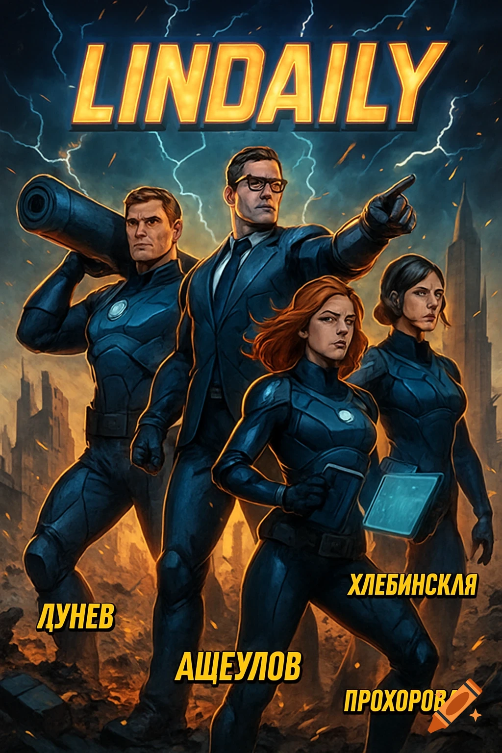 Epic comic book cover of four heroic figures standing before a ...