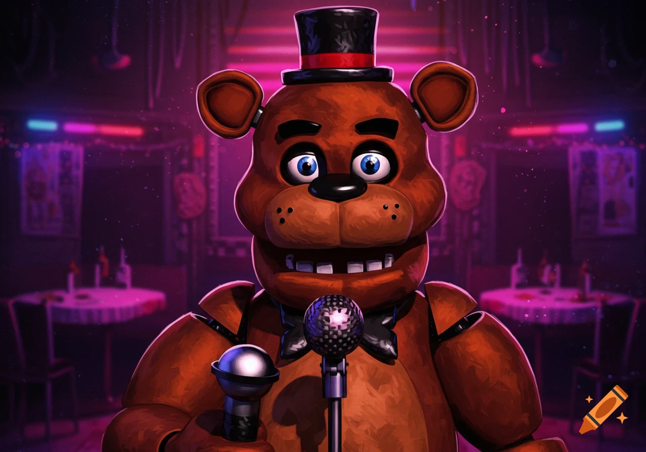 Illustration of Freddy Fazbear holding a microphone on a dark stage ...