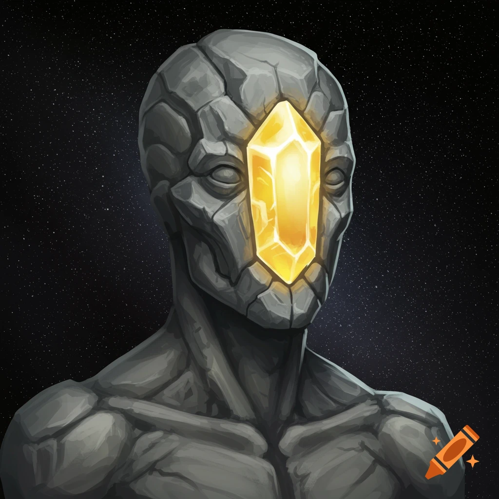 Grey rocky humanoid figure with a glowing yellow crystal face against a ...