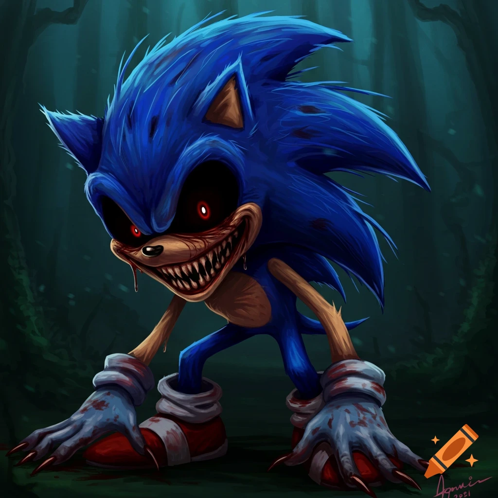 Scary version of Sonic the Hedgehog with sharp teeth and blood in a ...