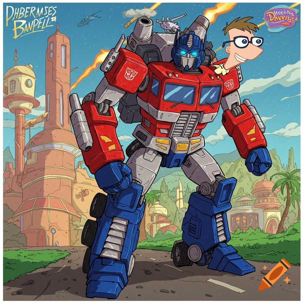 Illustrated crossover of Optimus Prime combined with Baljeet, standing ...
