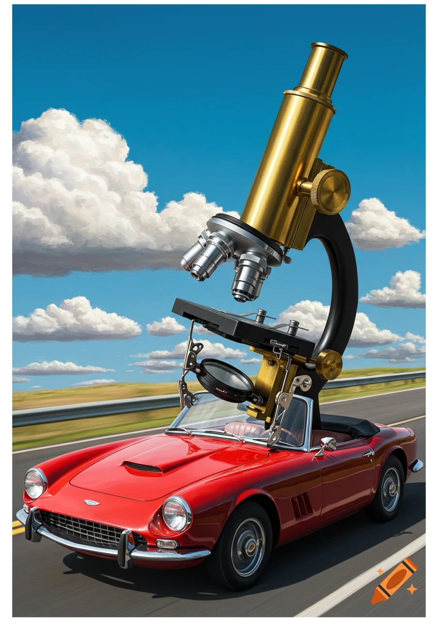 A giant gold microscope on a red classic convertible drives down a ...