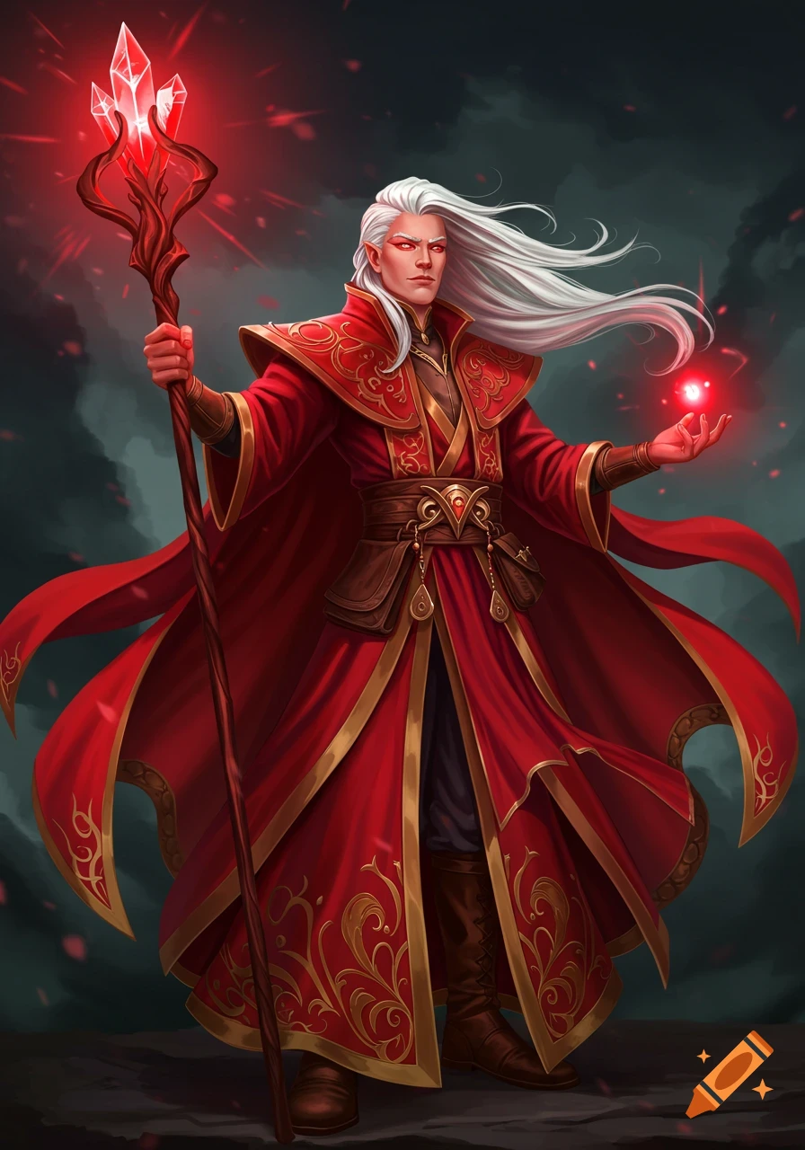 A fantasy wizard in a red robe holding a staff and a glowing red orb ...