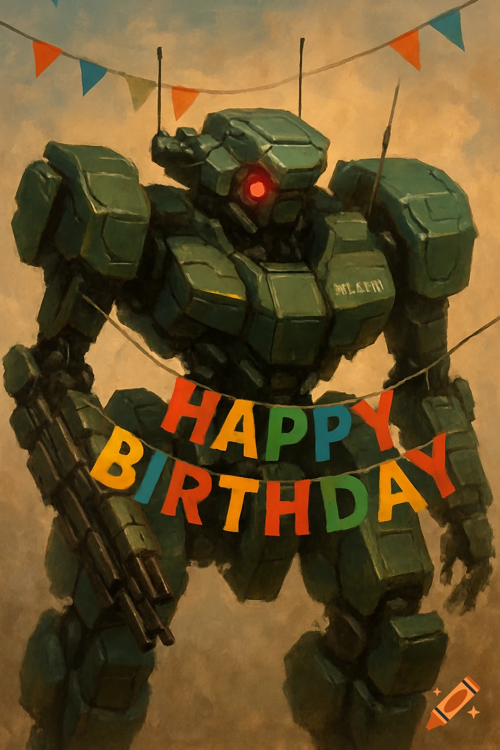 Green sci-fi mech with a rifle standing under a colorful Happy Birthday ...