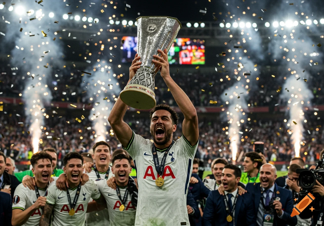 Soccer player lifts a large trophy surrounded by celebrating teammates ...