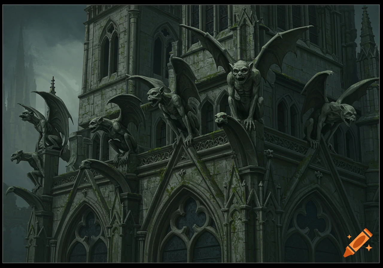 Several gargoyles perch on a dark gothic building with ornate windows ...