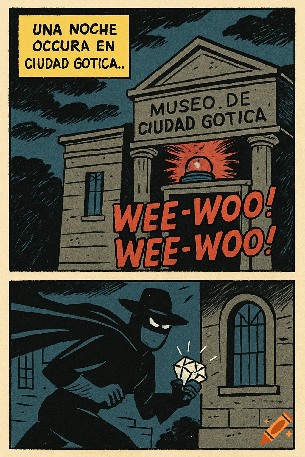 Vintage comic panel shows a masked figure running from a museum with a stolen diamond as the ...