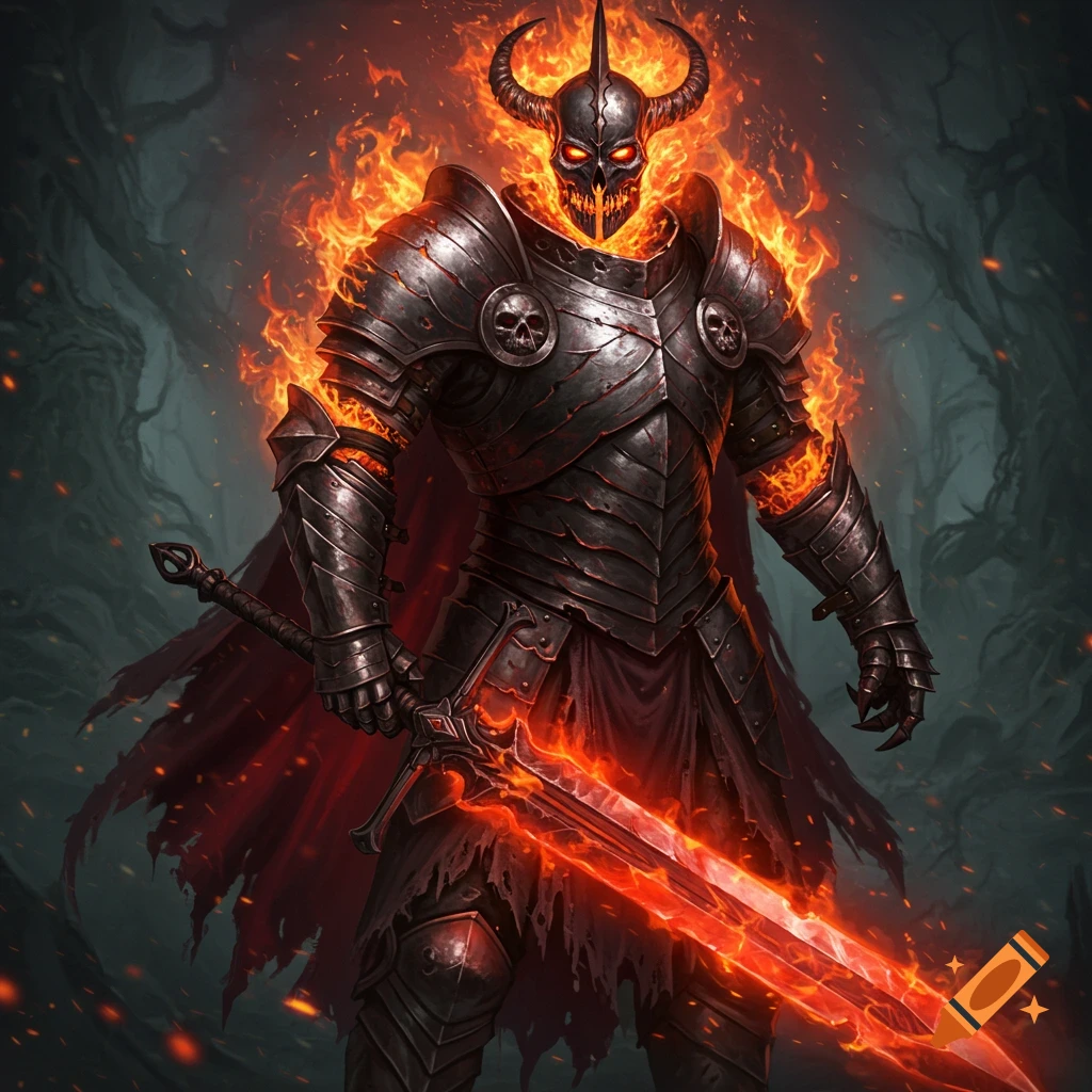 A flaming death knight in dark armor holds a glowing sword in a dark ...