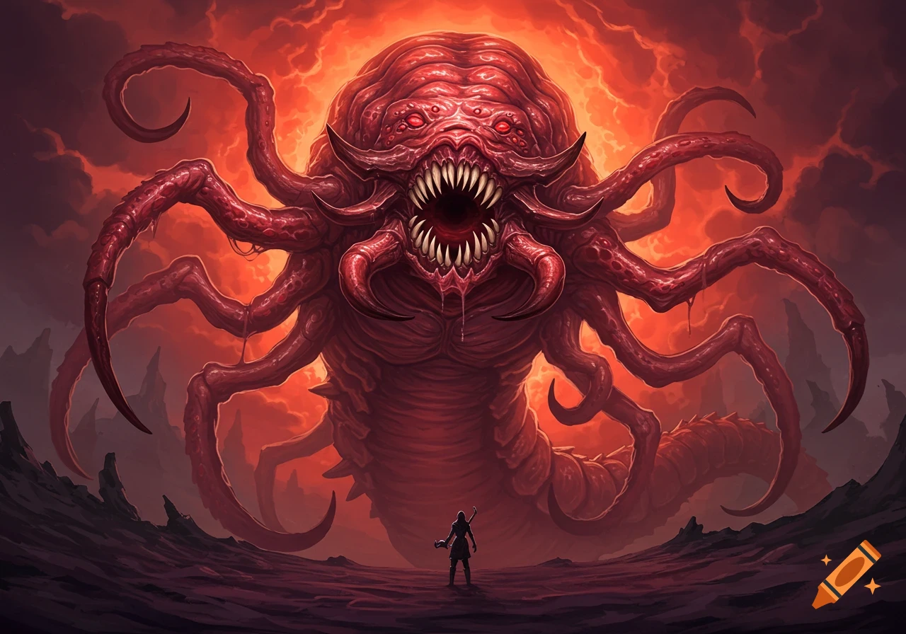 Giant red tentacled creature looms over a tiny figure in a rocky ...
