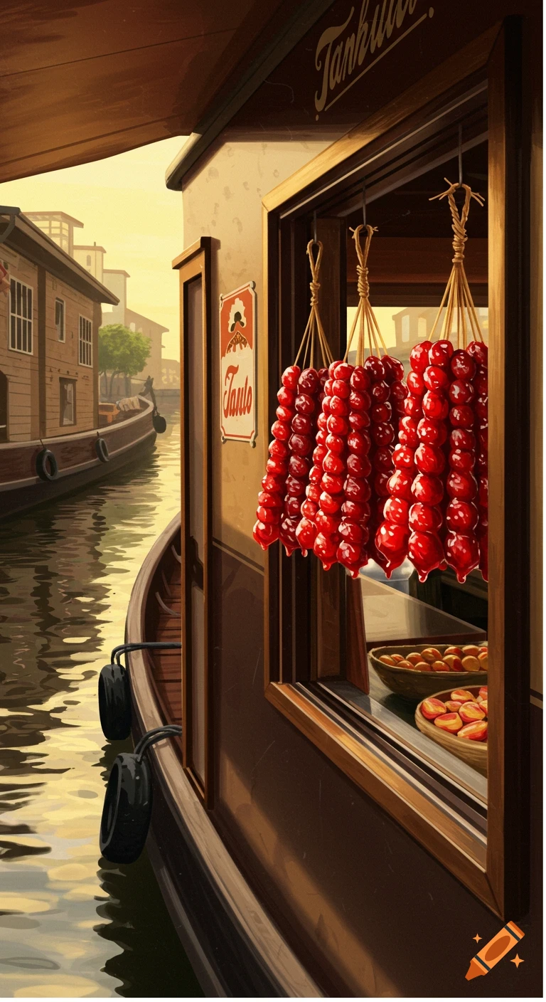 Illustration of Tanghulu skewers hanging from the window of a narrow ...