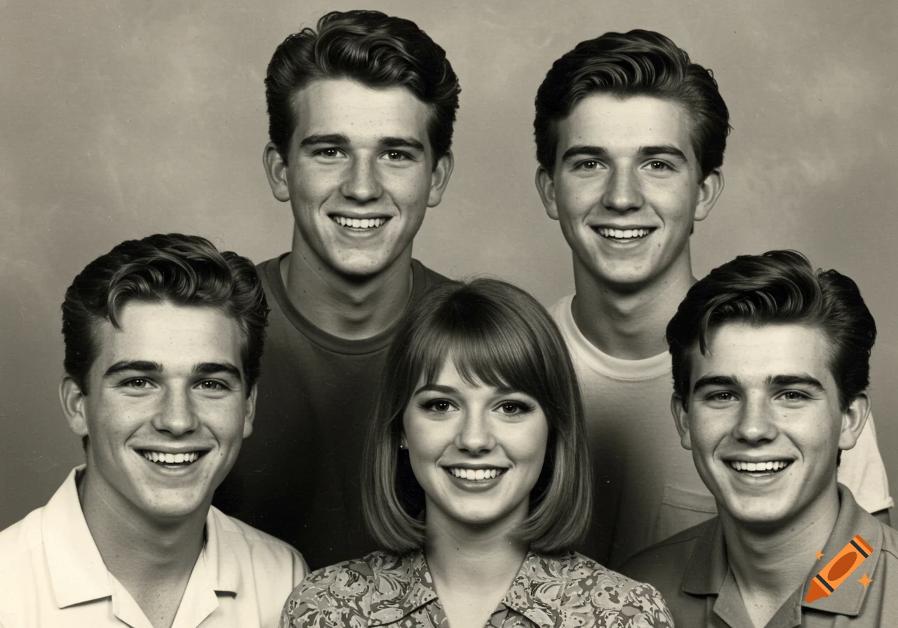 Vintage black and white group portrait of five young people smiling at ...