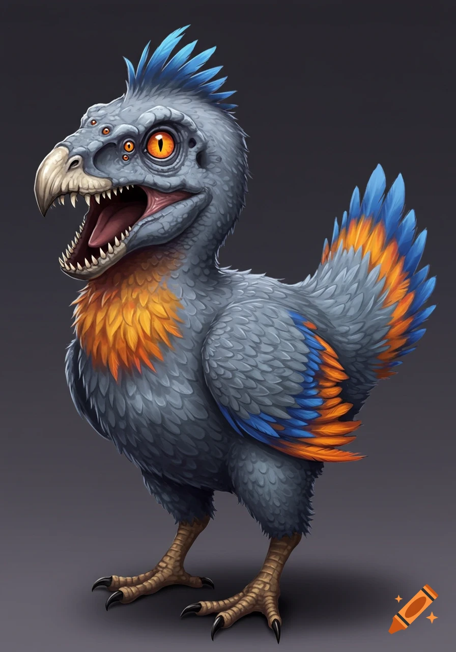 Gray bird-like creature with bony jaw, multiple orange eyes, blue head ...
