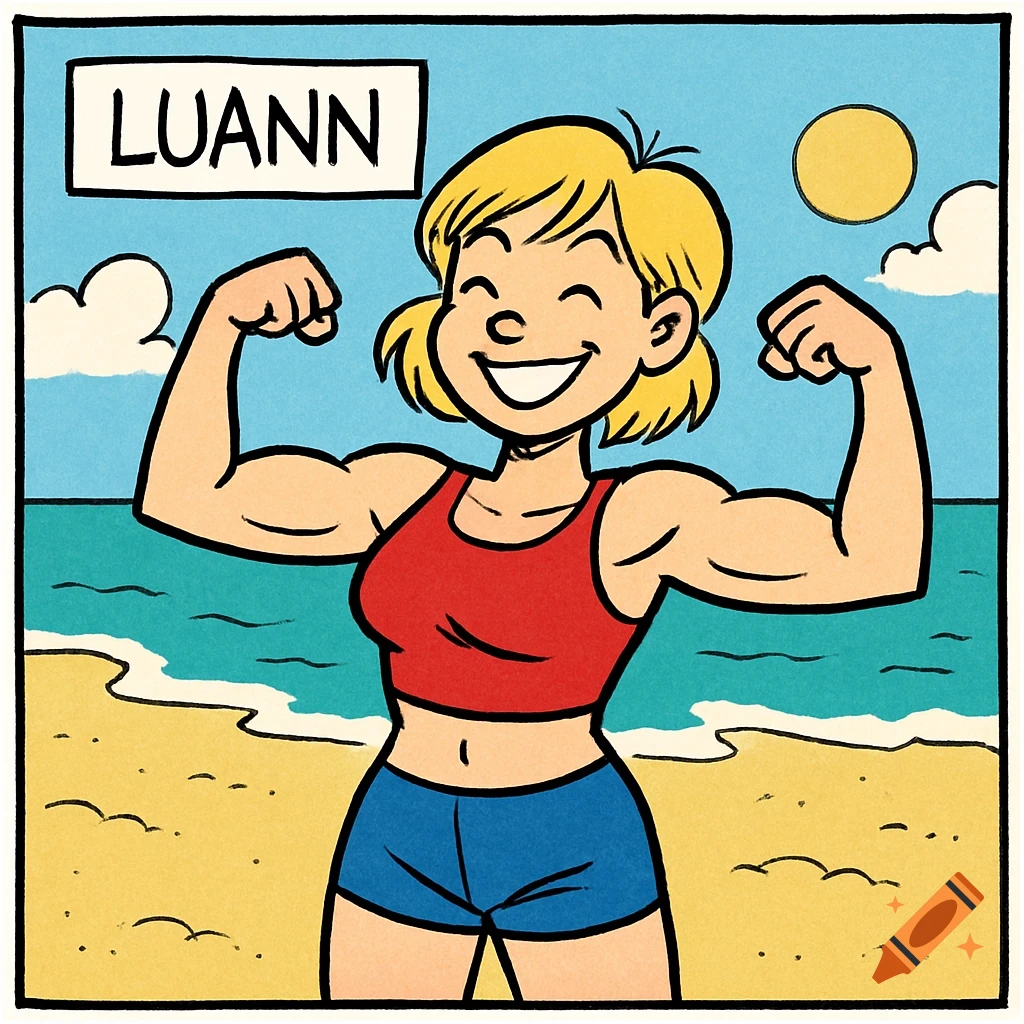 Cartoon character Luann flexing muscles at the beach on Craiyon
