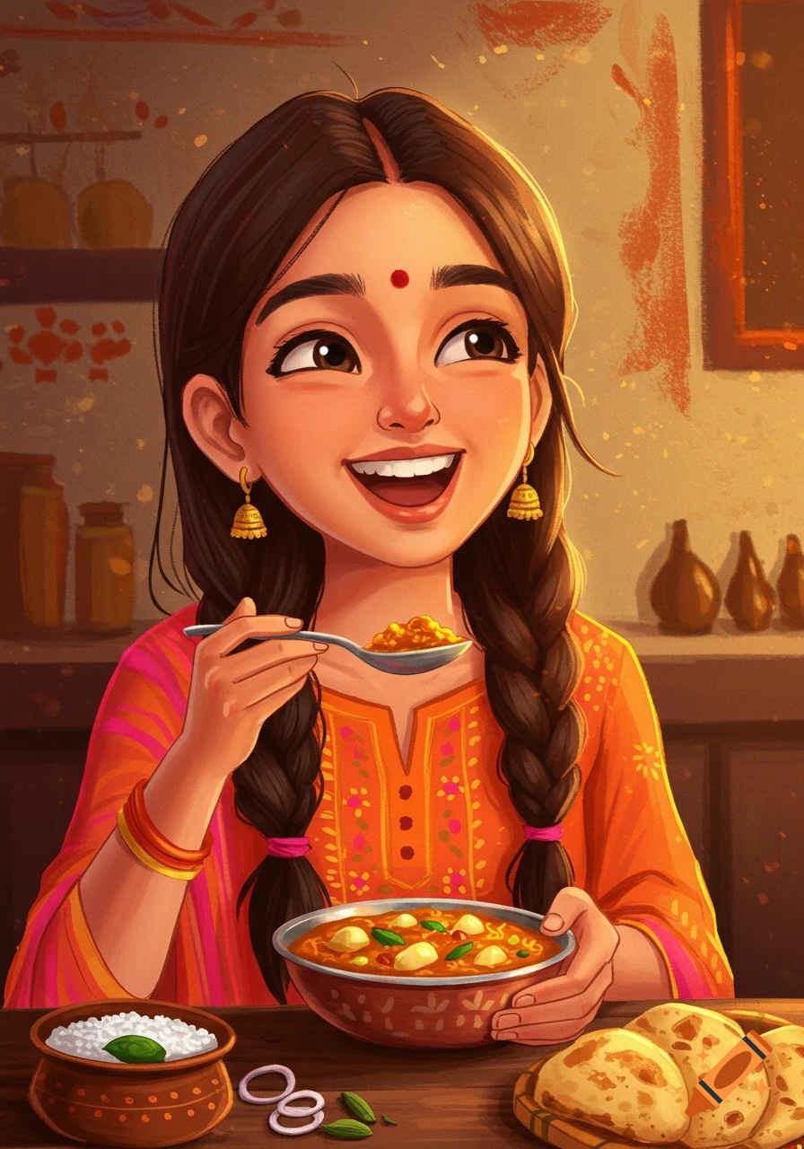 Illustrated young Indian girl happily eating curry with rice and ...