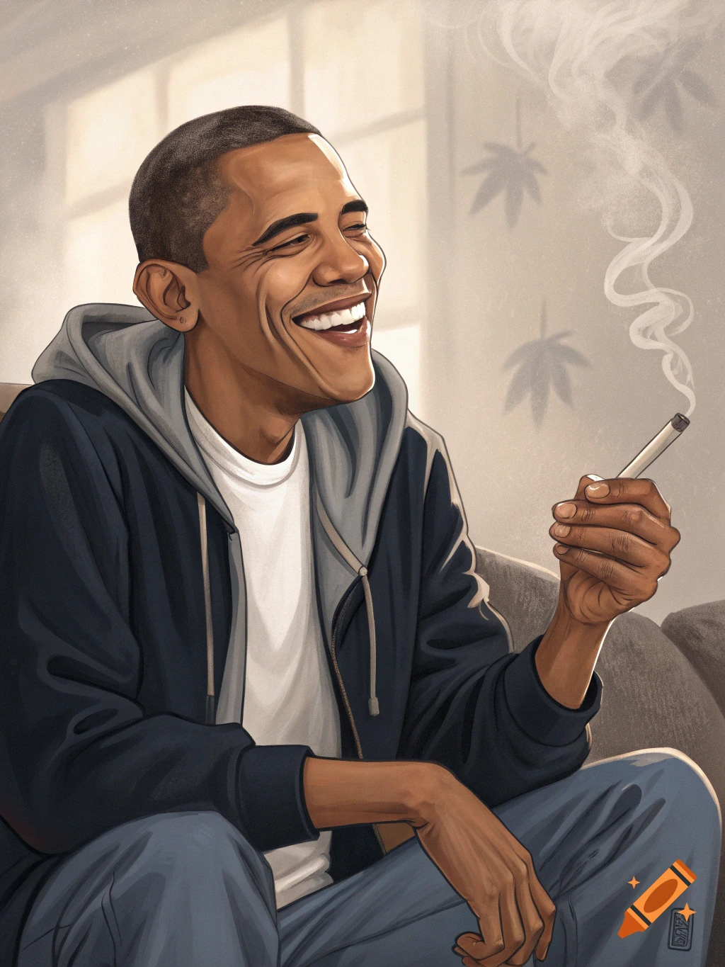 Illustration of Barack Obama sitting on a couch, smiling and holding a ...